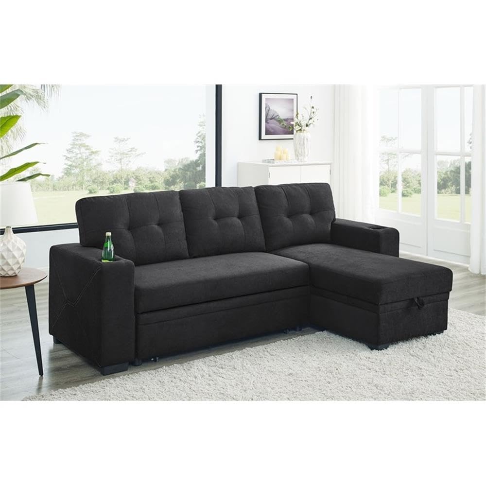 Pemberly Row Polyester Blend Fabric Convertible Sectional in Black