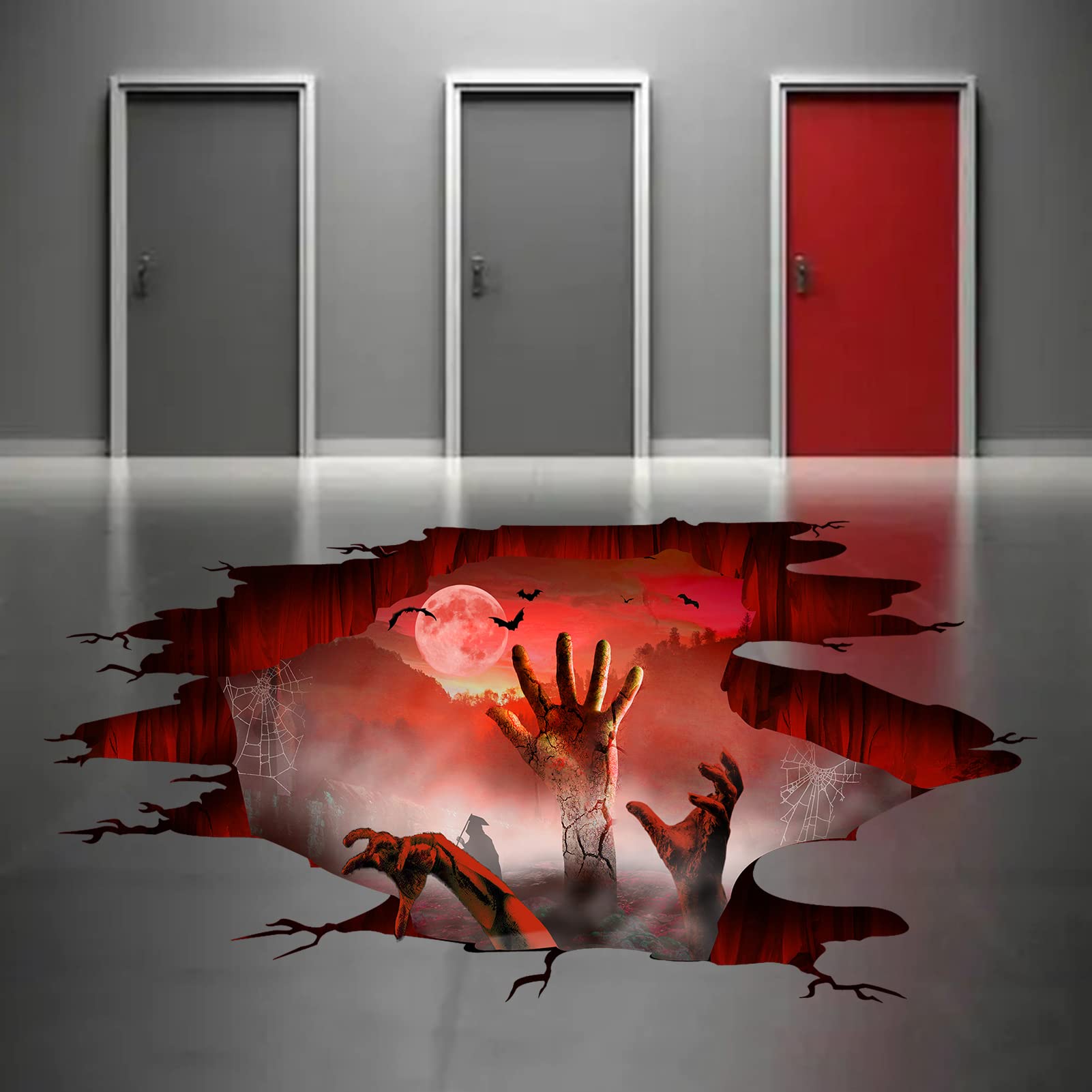 Scary Halloween Floor Wall Stickers 3D Ghost Floor Decals Art Decorations, Red Moon Cobweb Zombie Wall Floor Stickers Ghost Hands Scratching Decals for Living Room Bar Pub