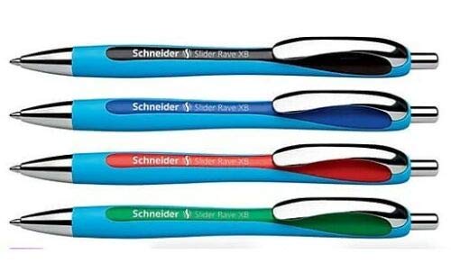 4 Schneider Rave XB Ballpoint Pens, Black, Blue, Red, Green, Extra Bold, (Bulk Packed)