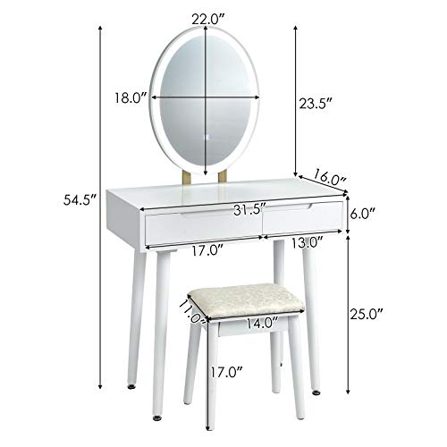 CHARMAID Vanity Set with Lighted Mirror, 3 Modes Adjustable Brightness Mirror, Makeup Dressing Table with Cushioned Stool, 2 Sliding Drawers with Divider, Modern Bedroom Vanity for Girls Women (White)