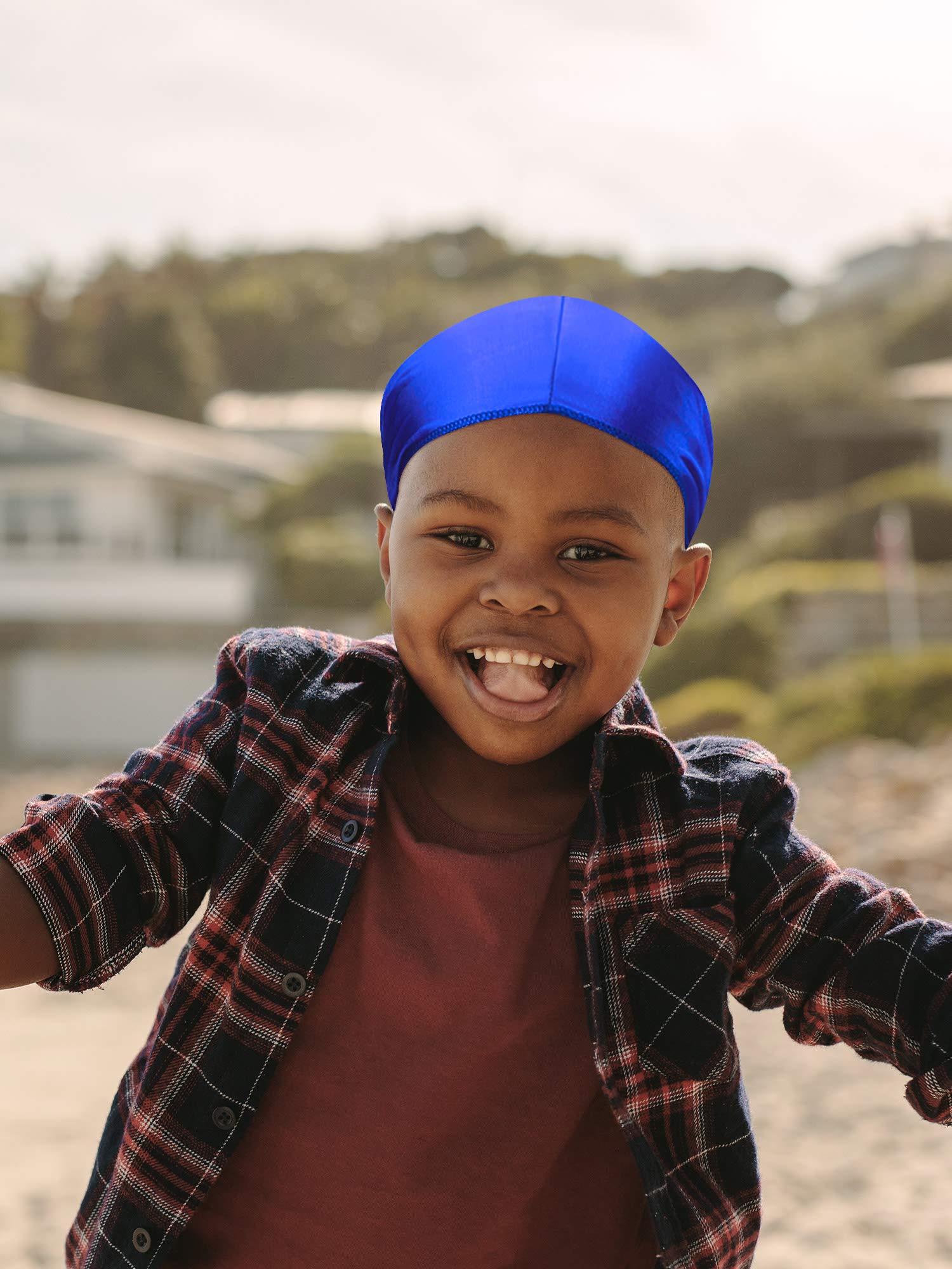 2 Pieces Silky Satin Baby Durags Kids Satin Durag Caps Headwraps with Long Tail and Wide Straps for 360 Waves (Black, Royal Blue)