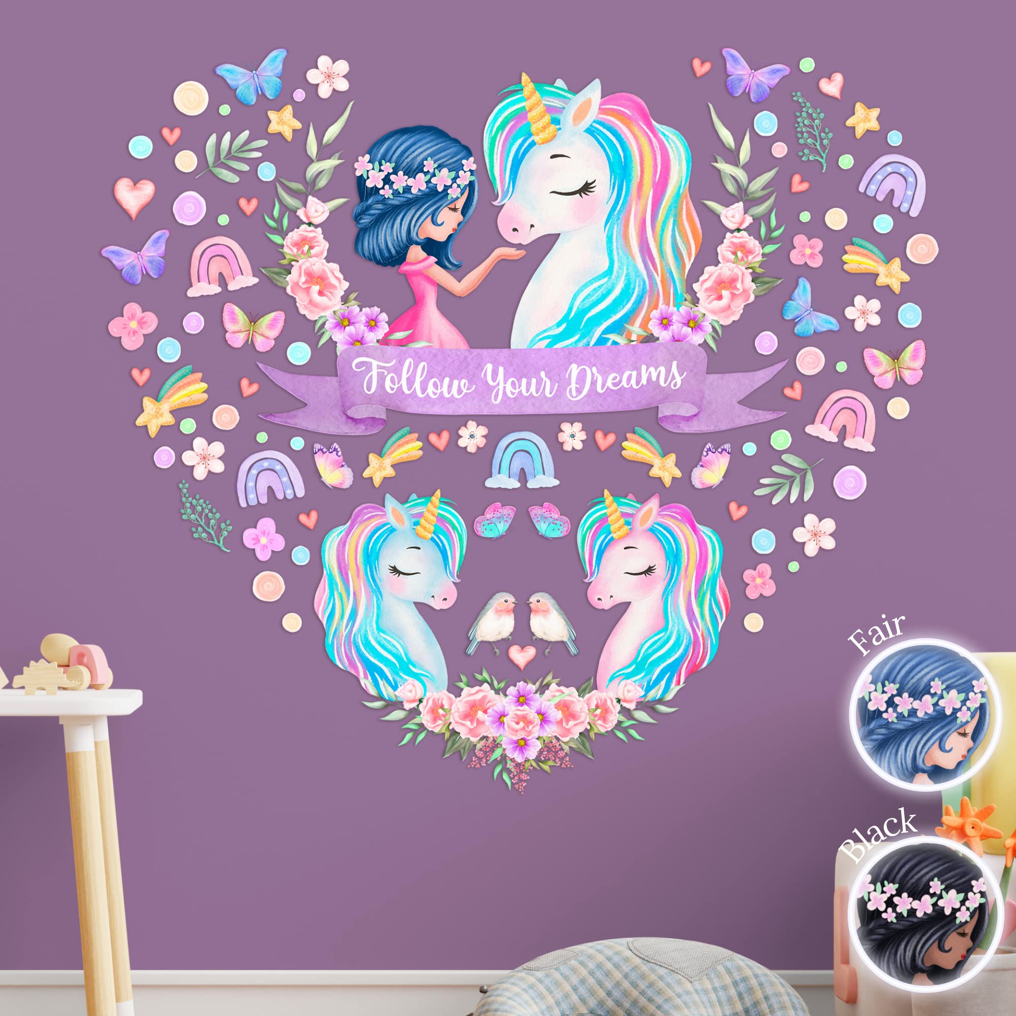 4 Sheets Large Unicorn Wall Decals for Girls Bedroom Unicorn Wall Decor Unicorn Wall Stickers Birthday Gifts Unicorn Bedroom Decor for Girls Rainbow Wall Decal Nursery Decor for Girls Kids Room Decor