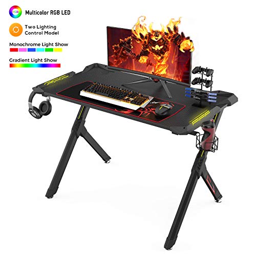 DESIGNA Gaming Desk with LED Lights, 44.8 inch Home Office Computer Desk with Free Mouse Pad, Ergonomic E-Sport Style Gamer Desk with USB Handle Rack, Cup Holder & Headphone Hook,Black