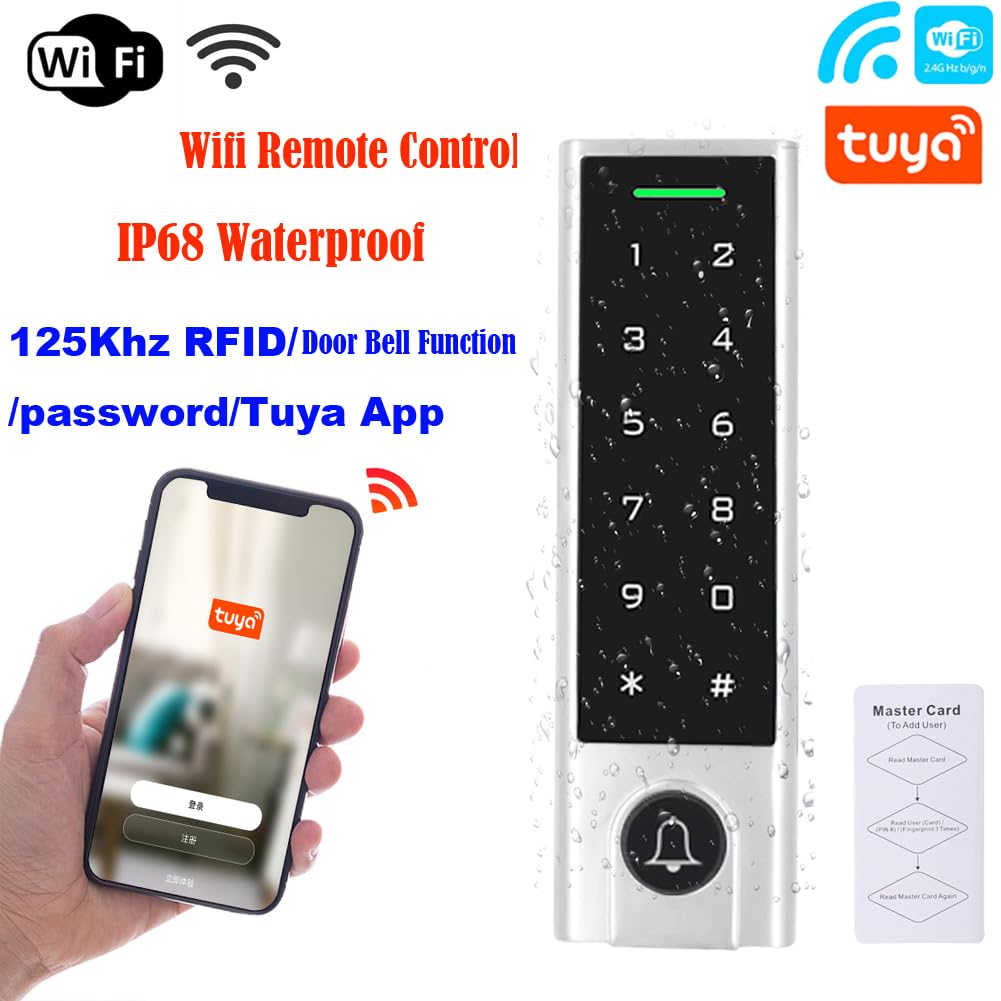 2.4G WiFi Access Control,125Khz EM Card Door Lock, Access Controler, IP67 Waterproof,Access Control System Kit,Touch Keypad Smart Lock Opener,1000 User,Tuya Mobile APP Remote Open (Door Bell Version)