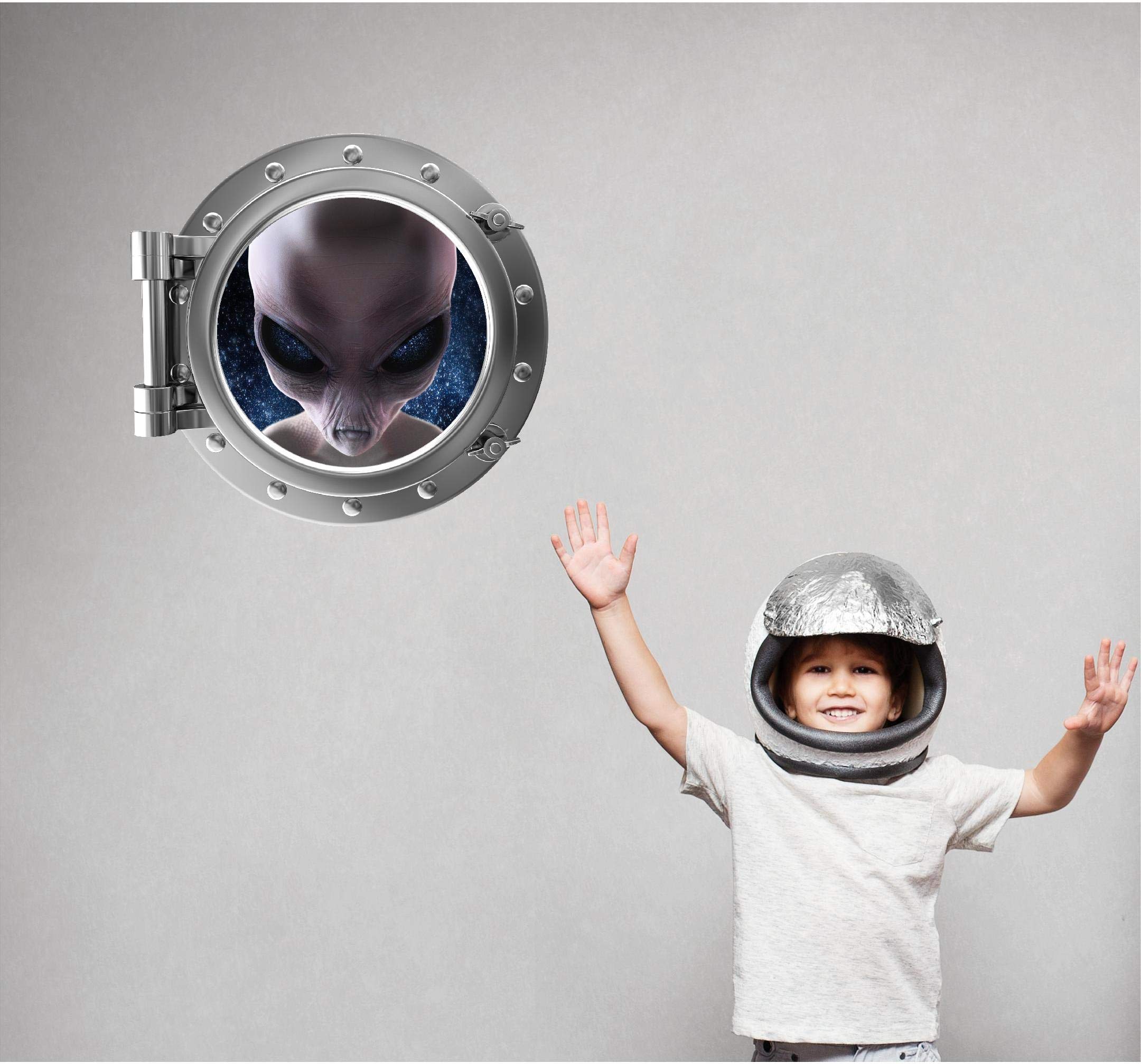 18" Port Scape Alien #1 Silver Porthole 3D Window Wall Decal Removable Wall Sticker Fabric Vinyl Outer Space Boys Bedroom Playroom Wall Art Decor