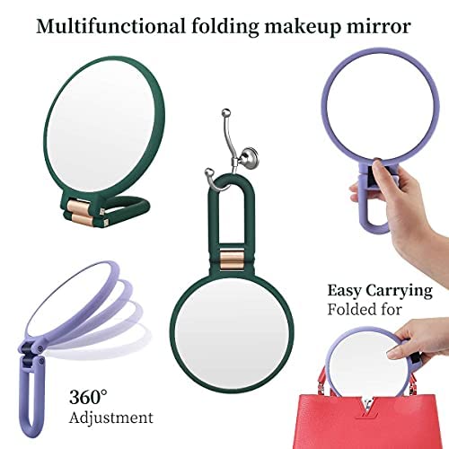 1X 15X Magnifying Hand Held Mirror,Double Side Folding Hand Mirror for Women with Adjustable Handle,Travel Table Desk Shaving Bathroom (Army Green)