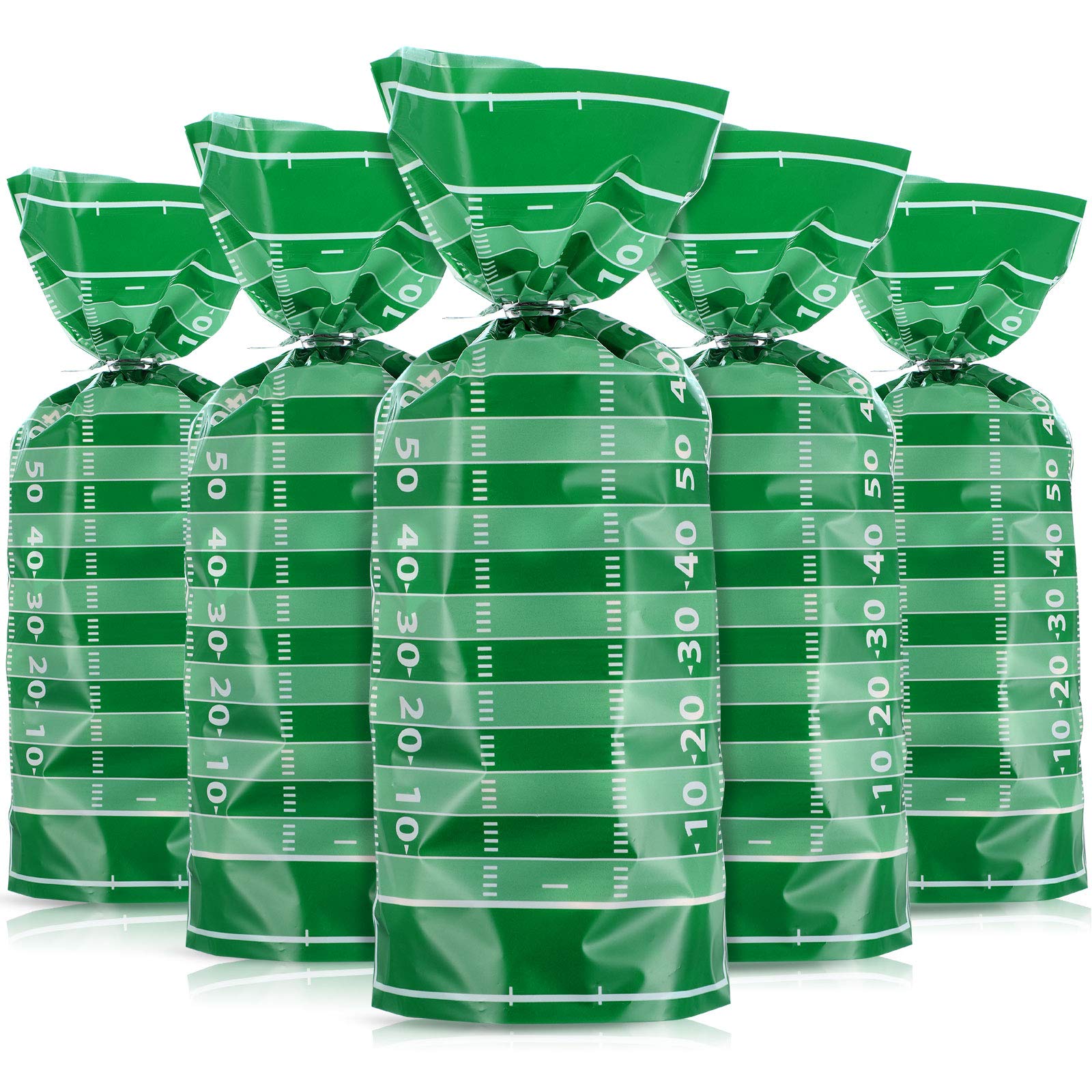 100 Pieces Football Field Plastic Cellophane Treat Bags Wide Bottom Heat Sealable Candy Bags Football Gift Bags with 100 Pieces Silver Twist Ties for Football Party Favor, 11 x 5 x 3 Inch