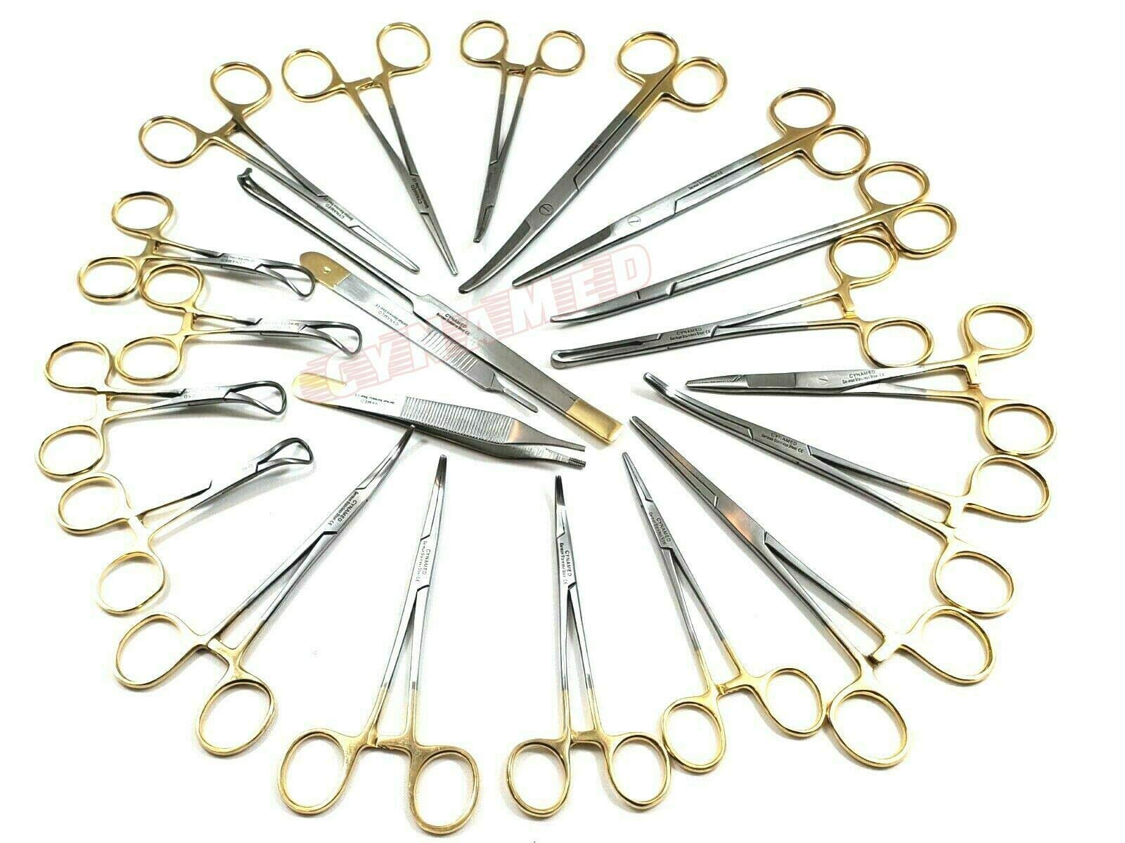 Cynamed-Gold Premium German 82 Pcs Veterinary Instruments Set -Include Kelly Forceps- Mosquito Forceps -Carmalt Forceps -Backhaus Towel Clamp- Mayo Metzenbaum Scissors- All in ONE