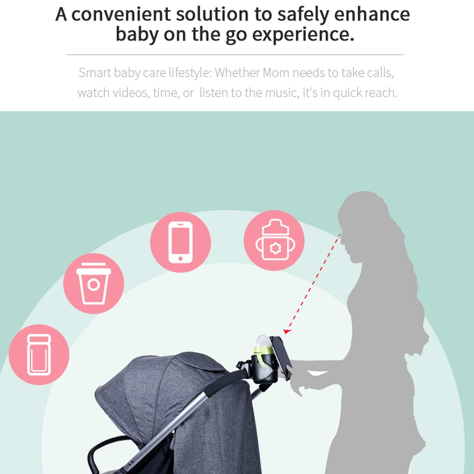 2 in 1 Stroller Cup Holders, 360 Degrees Rotation Universal Cup Holder Rack Bottle Holder with Phone Holder for Buggy Pushchair Wheelchair