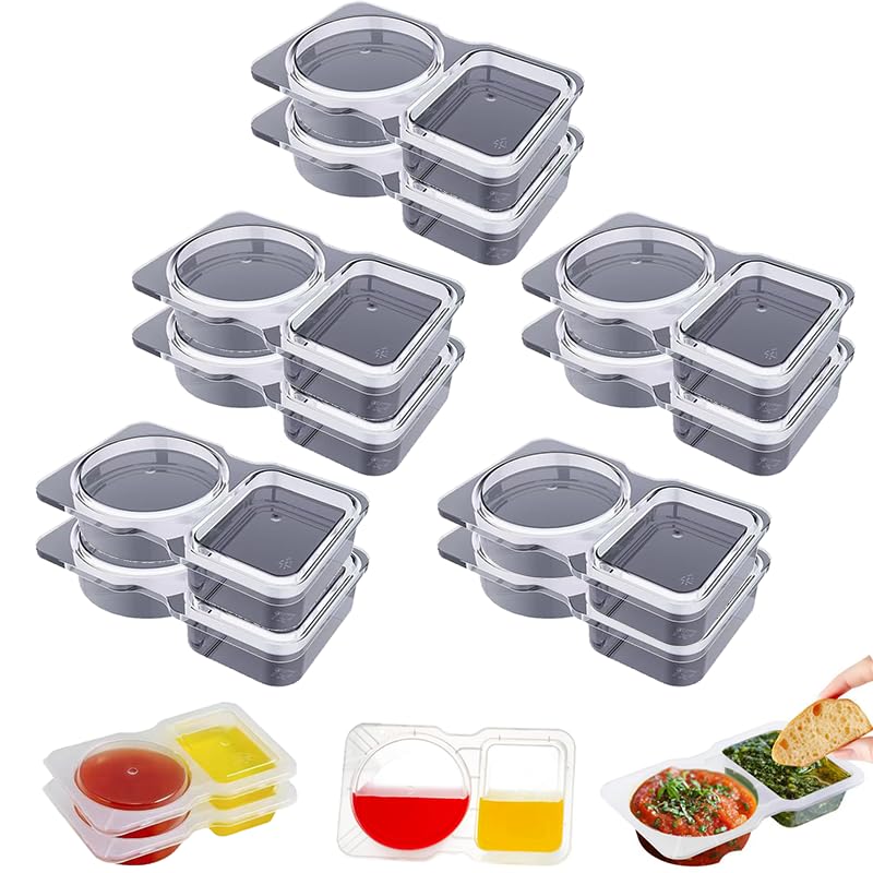 10PCS Double Compartment Condiment Container,Reusable 2 Compartment Snack Containers,Sauce Container With Lid,Ideal for traveling, portable lunches, snacks (Rectangular)