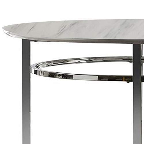 Benjara Contemporary Round Dining Table with Faux Marble Top, White and Chrome