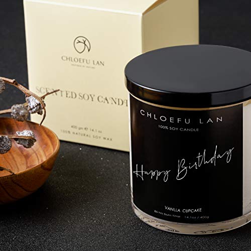 Chloefu LAN Happy Birthday Vanilla Cupcake Sugar Sweet Scented Soy Wax Candle for Home | 14.1 oz Clear Glass Jar, 100 Hour Burn Time Highly Scented & Long Lasting Burning All-Natural Organic Candle