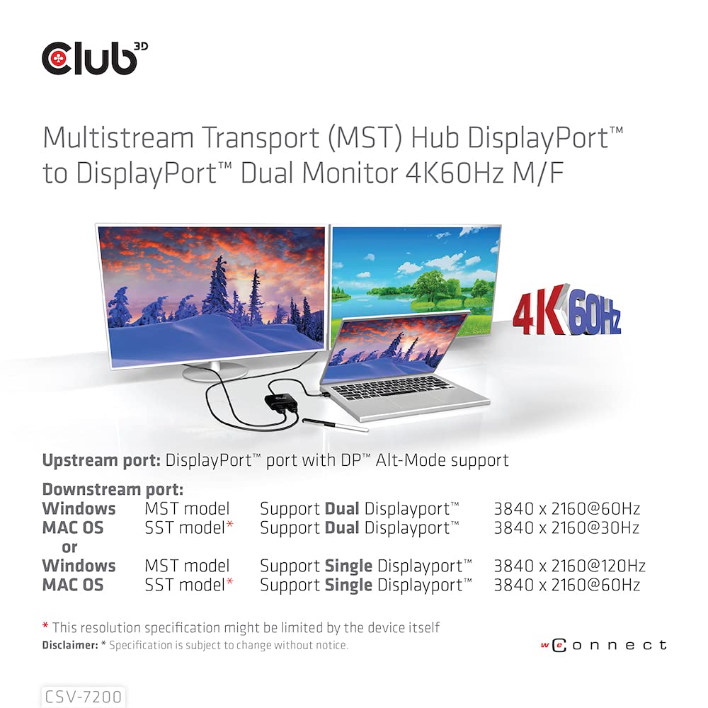 Club 3D CSV-7200 Displayport 1.4 to Displayport Dual Monitor 4K 60Hz M/F MST hub