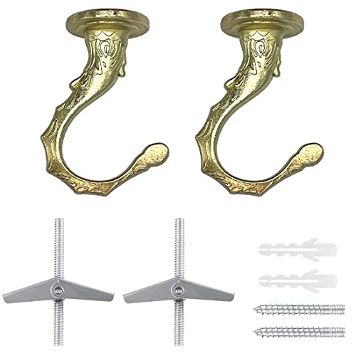 2 Sets Swag Ceiling Hooks Heavy Duty Swag Hook with Hardware for Hanging Plants Ceiling Installation Cavity Wall Fixing (2, Gold)