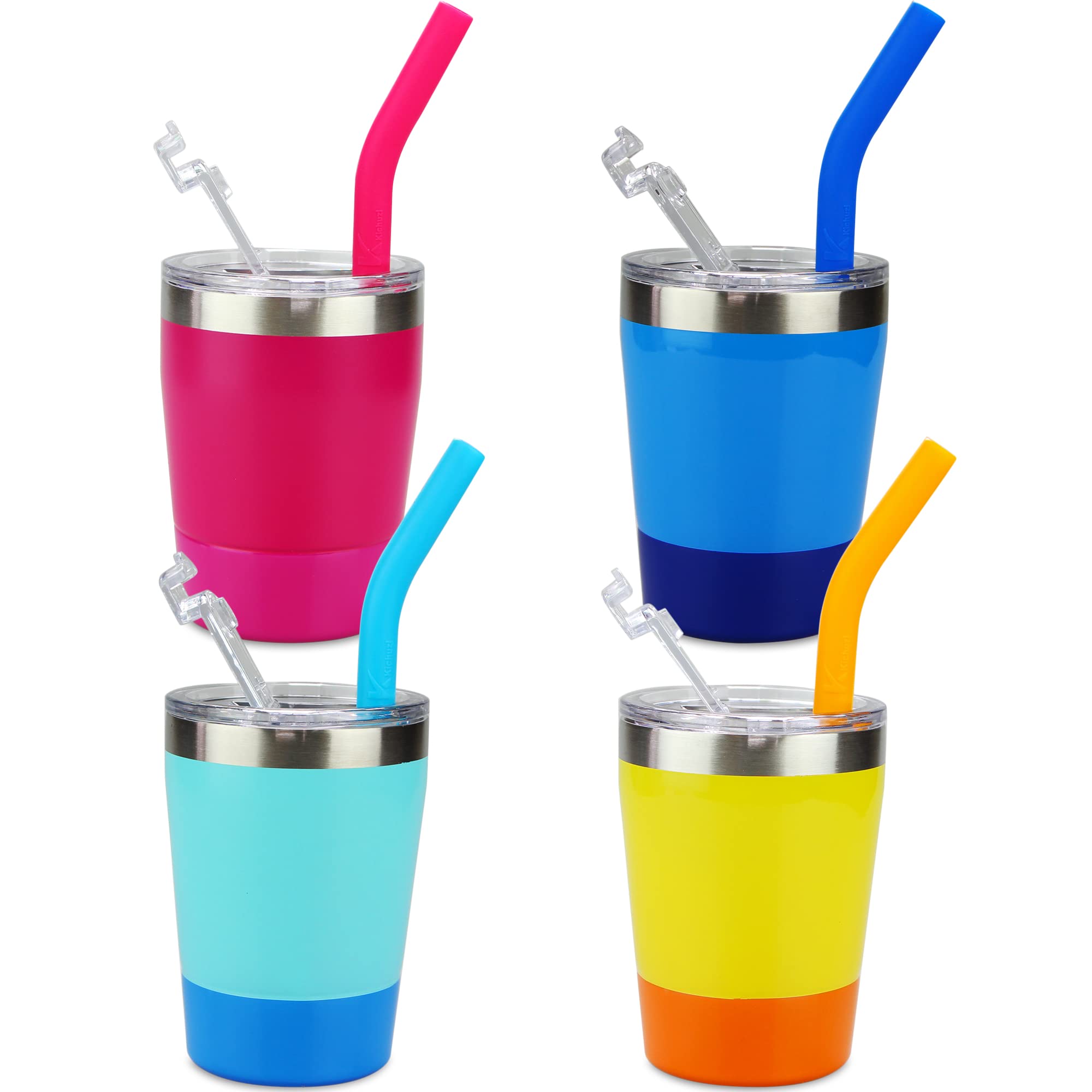 4 Pack Kids Toddler Cups,Insulated Stainless Steel Kids Tumbler with Reusable Smoothie Straws and Lids, Kids Water Bottle for Daily Use,BPA Free,Easy Clean,8oz, Blue/Teal/Red/Yellow - K Kichuzl