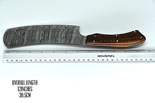 CK-12 Handmade Damascus Steel 12.00 Inches Cleaver Style Knife β Solid Rose Wood Handle. Full Tang Comes with Leather Sheath