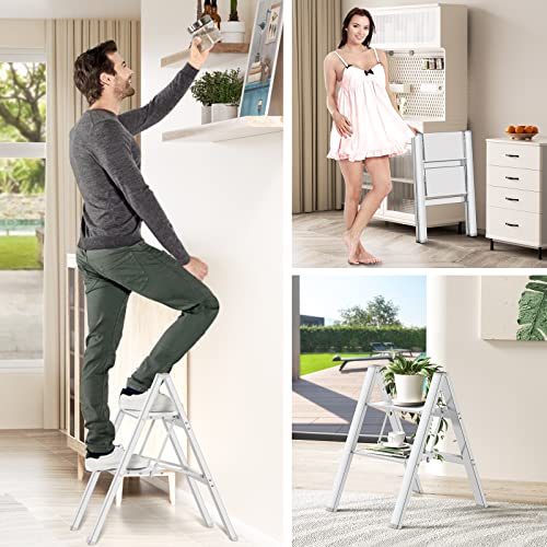 2 Step Ladder Folding Step Stool Auminum Portable Step Stools for Adults Wideing Anti-Slip Pedals Kitchen Step Stool for Home and Kitchen White 330 lb…