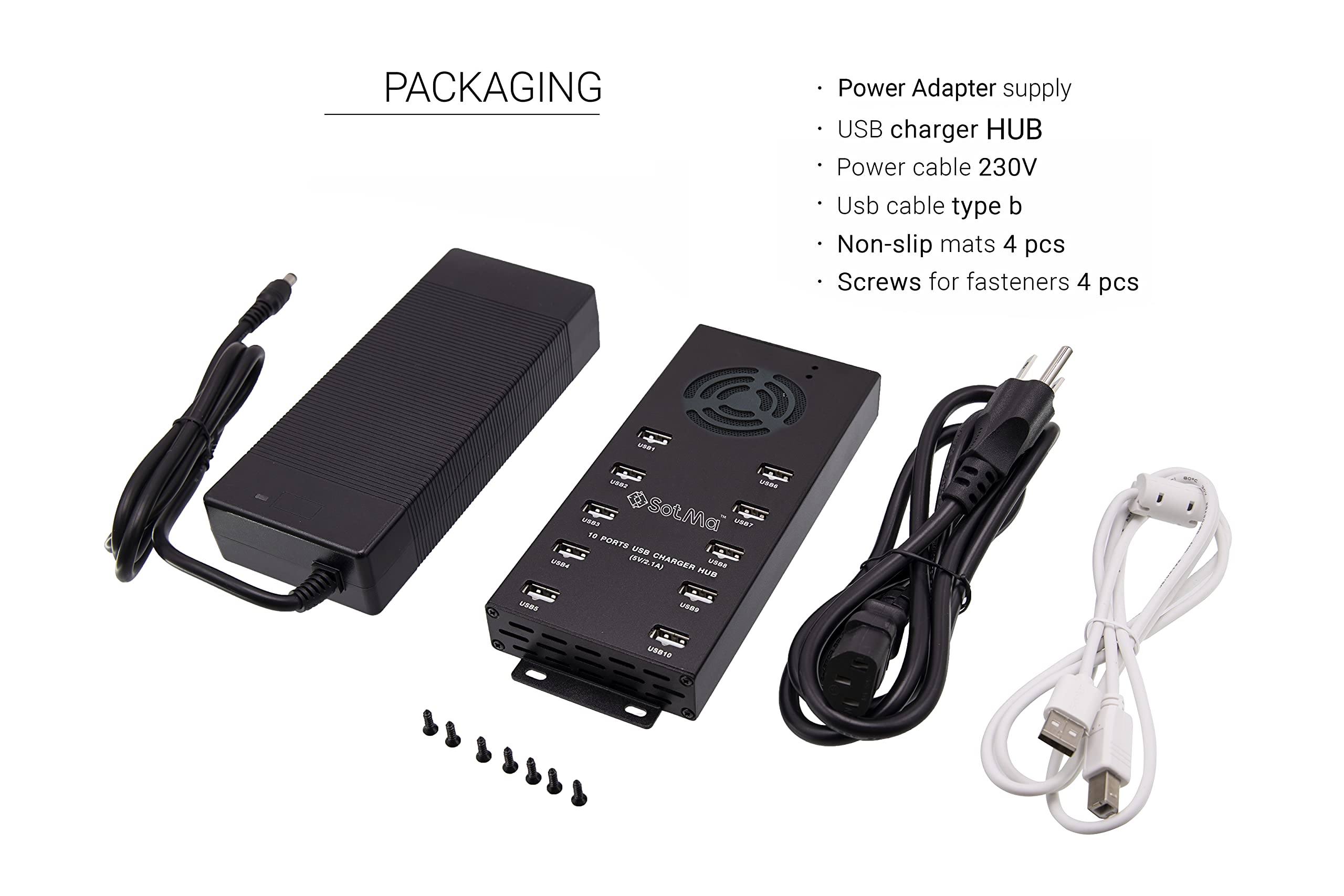 Premium Design USB 2.0 Hub - Multi-Safety Protection 10-Port Powered USB Hub 2.0 with AC Adapter - USB Splitter with Cooling Fan and Mounting Brackets - Aluminum Charging Hub for Multiple Devices
