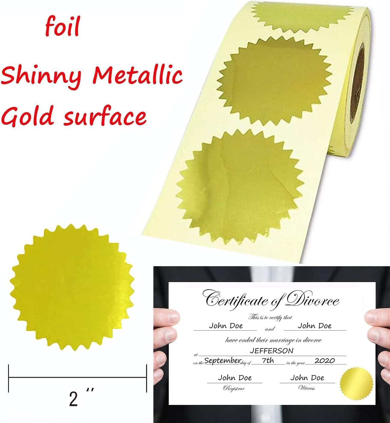 2" Gold Foil Blank Notary Certificate Wafer Medal Seals Labels/Envelope Package Seals Serrated Edge Color Coding Awards Legal Embossing Stickers (300 per roll