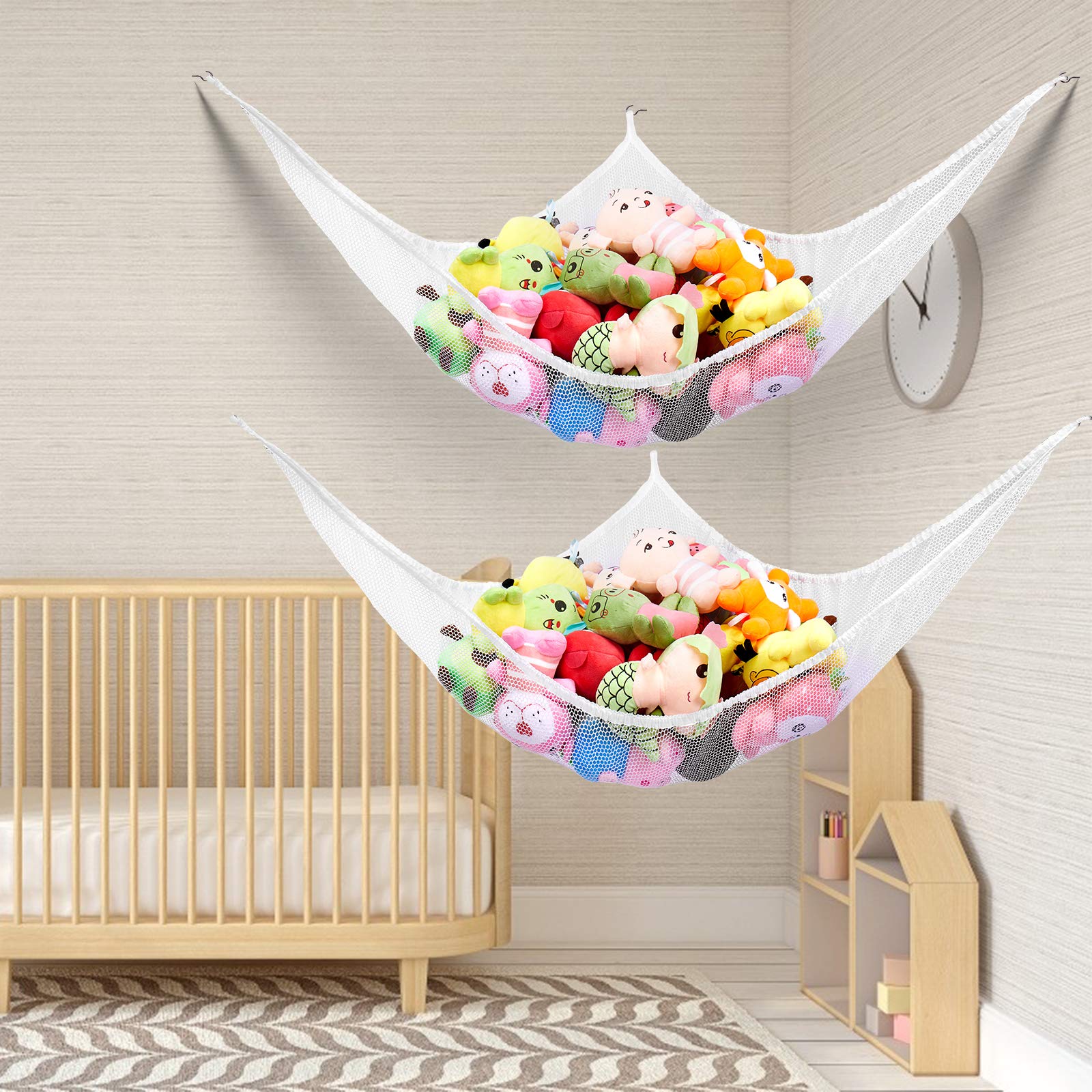 Stuffed Animal Net or Hammock, Stuffed Animal Net, Jumbo Toy Net Hammock for Stuffed Animals KoHuiJoo Wall Sling Corner Extra Large Kids Children Mesh Toy Net Organizer (White 2Pack, 83 Inch)