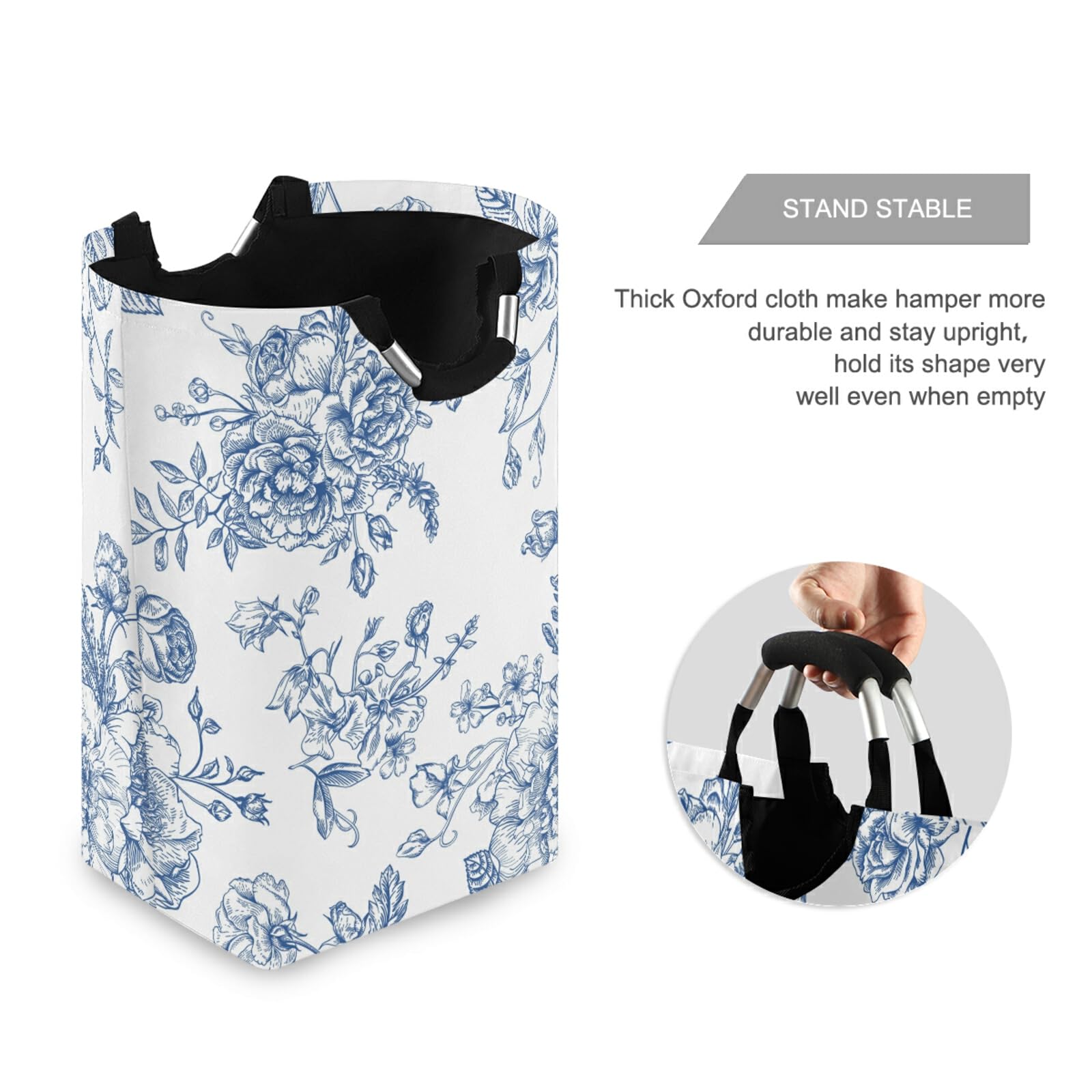 AGONA Blue Flowers Laundry Basket with Handles Large Storage Bin Collapsible Fabric Laundry Hamper Foldable Laundry Bag for Dirty Clothes Toy Bins Gift Baskets Bedroom Baby Nursery