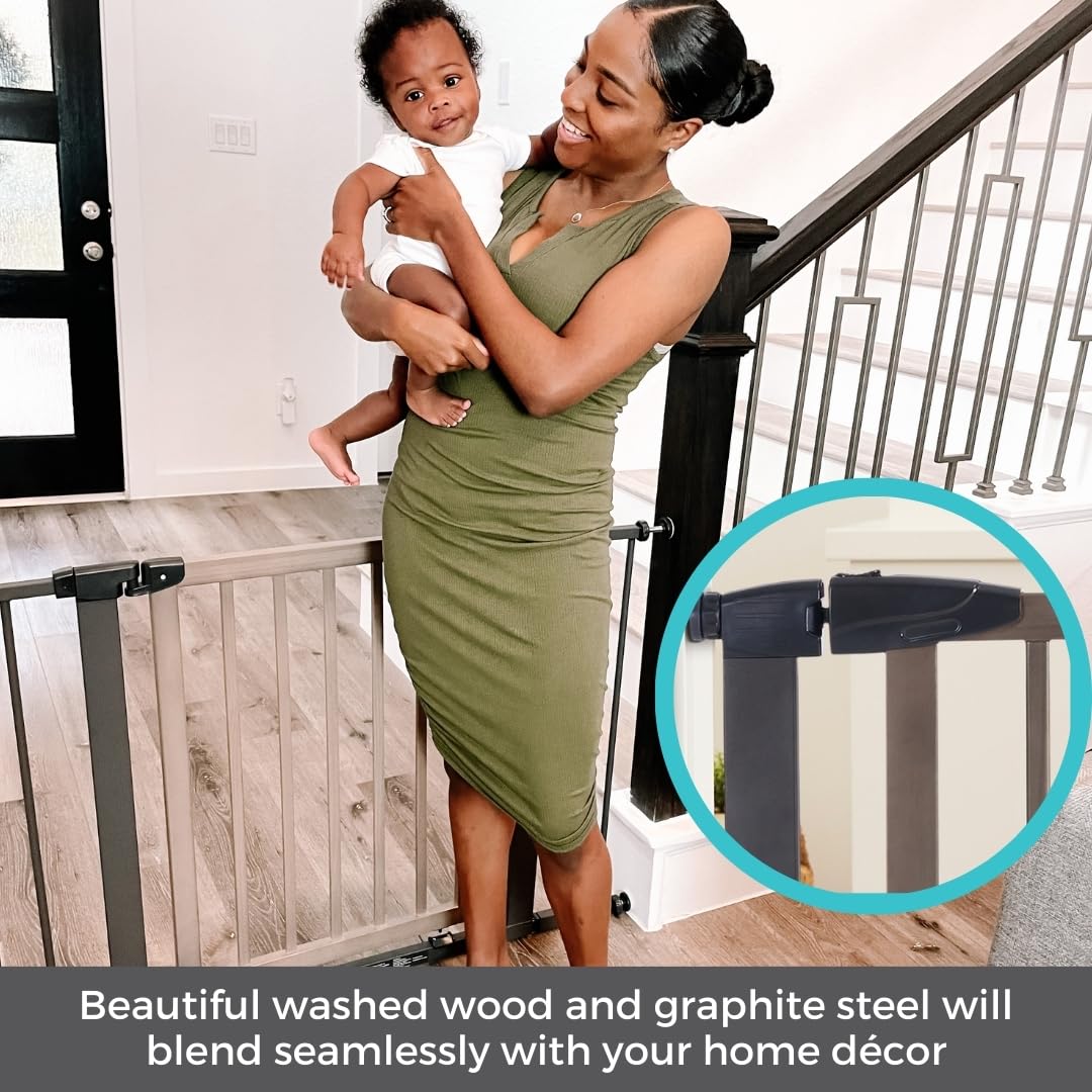 Toddleroo by North States Driftwood Extra Wide Auto Close Baby Gate: Self-Closing Child Gate with Hold-Open Feature. Pressure Mounted Baby Gate, Fits 29.75β to 52β Wide. (30" Tall, Graphite and Wood)