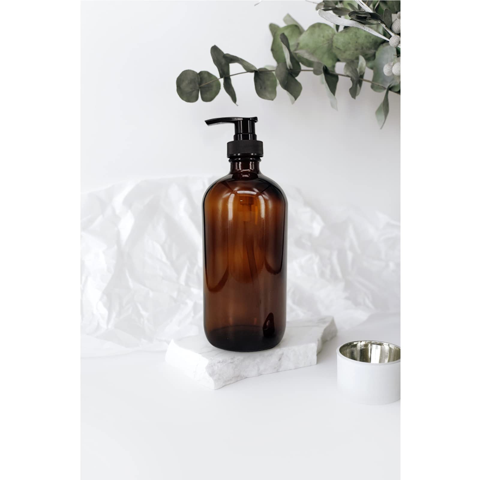 BPFY 4 Pack 16 oz Amber Glass Bottles with Pumps for Shampoo, Essential Oils, Cleaning Products, Lotions, Aromatherapy Oil, Pump Bottles, Refillable Containers with Cap, 8 Chalk Labels, 1 Pen