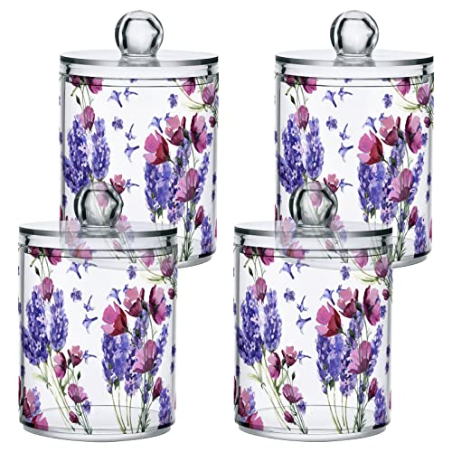2 Pack Qtip Holder Dispenser for Cotton Ball Purple Lavender on White Cotton Swab Cotton Round Pads Clear Plastic Acrylic Jar Set Bathroom Canister
