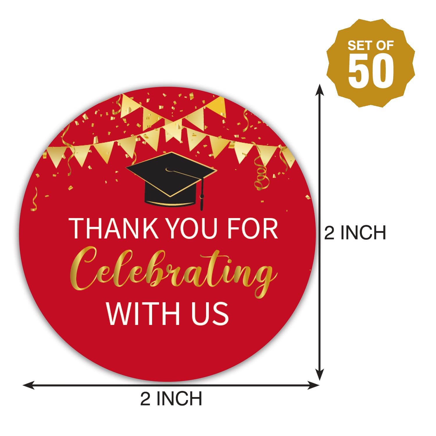 2" Red and Gold Graduation Thank You Stickers, 50 Congrats Grad Party Round Favor Sticker Labels.