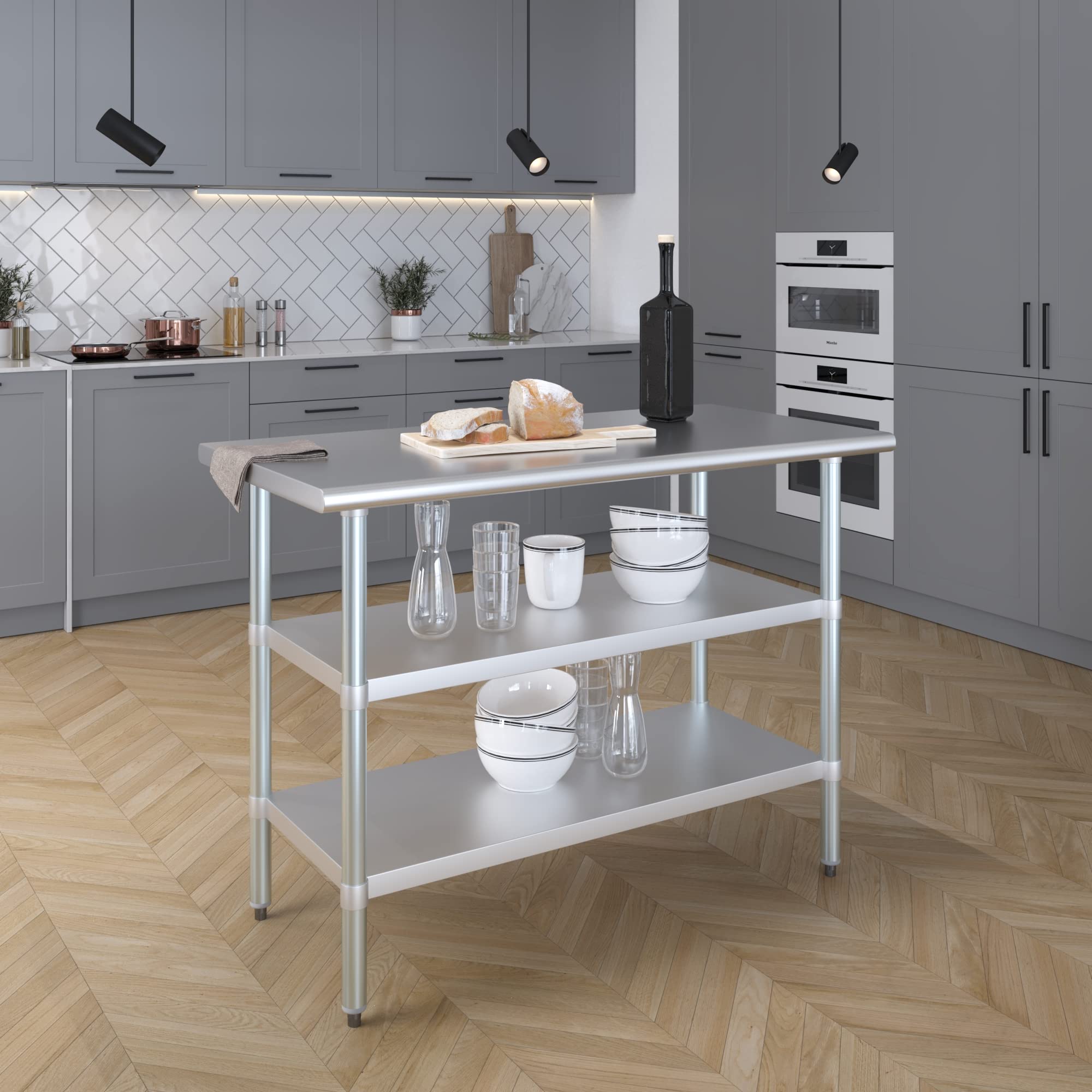 48" Long X 24" Deep Stainless Steel Work Table with 2 Shelves | Metal Food Prep Station | Commercial & Residential NSF Utility Table
