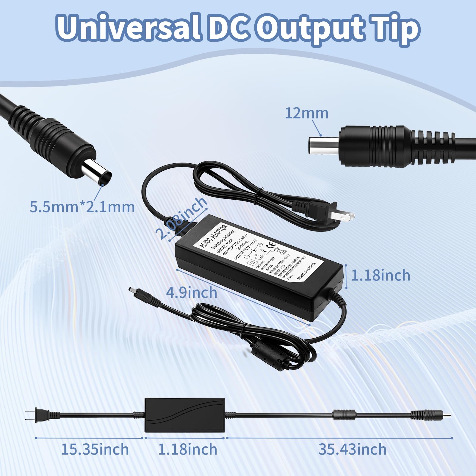 12V 5A Power Supply, Waysse Power Supply Adapter, AC DC Converter 100-220V to 12 Volt 5 Amp Transformer 5.5x2.1mm Plug for LED Strip Light DVR NVR Security Cameras System CCTV Accessories