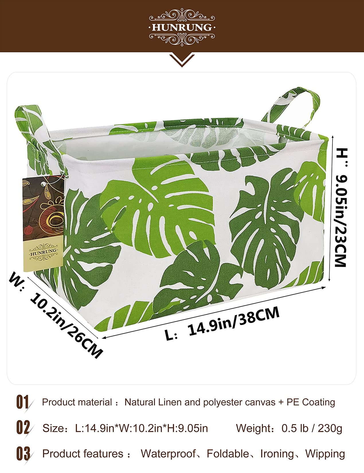 HUNRUNG Rectangle Storage Basket Cute Canvas Organizer Bin for Pet/Children Toys, Books, Clothes Perfect for Rooms/Playroom(Leaf)