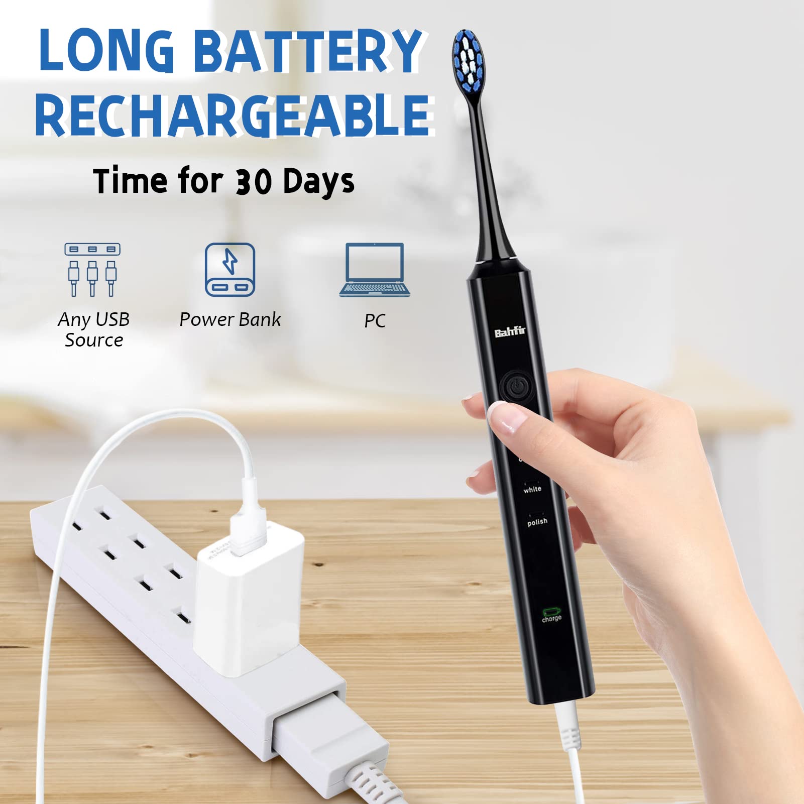 Bahfir Electric Sonic Toothbrush Ergonomic Design with 3 Modos 2 Minutes Smart Timer Rechargeable 1 Time Charge for 30 Days with 3 Brush Heads Replacement Portable for Home and Travel Adults Kids