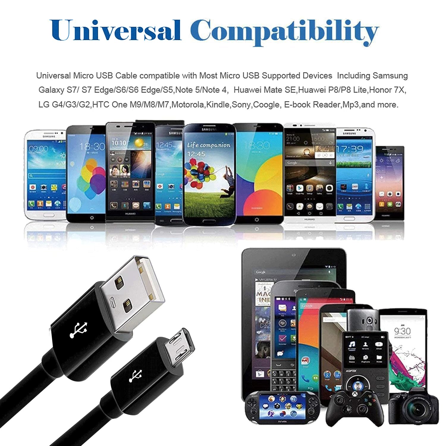 Vrllinking USB A to USB Micro Charging Cable, 4 in 1 Multi Charger Cable Micro USB Splitter Cable 4 Ports Micro USB 2.0 Male to Male Charging Cord 4 Connectors(Black 0.5M)