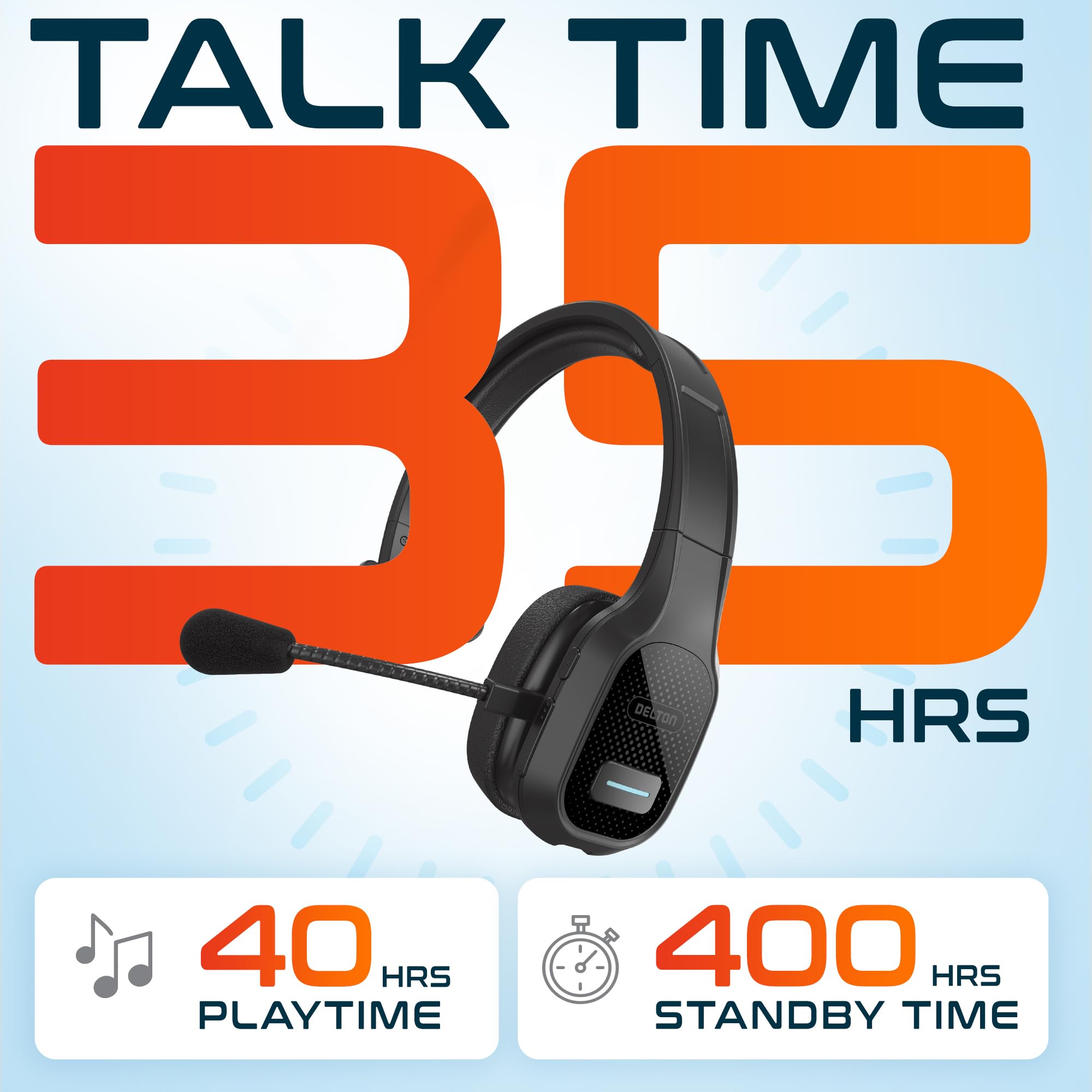 Delton Wireless Computer Headset, Trucker Bluetooth Headset with Noise Canceling Microphone, 35Hrs Talk time, Wireless Headset for Computer, Cell Phone, Drivers, Office, Call Center Work - Black