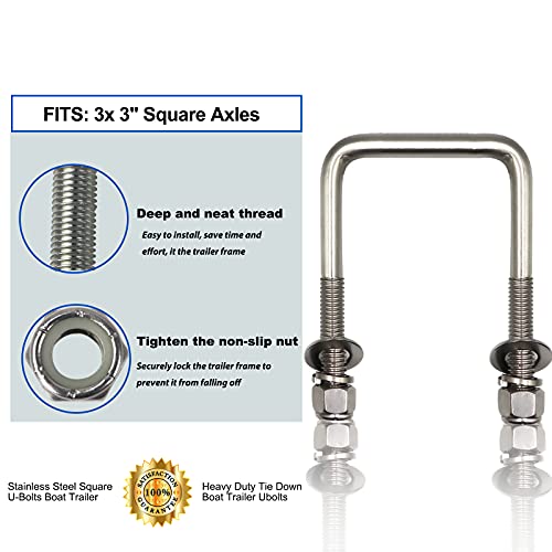 304 Stainless Steel Square U-Bolts Boat Trailer (1/2" D x 3-1/16" W x 5-5/16" L),U Bolt Fit 3" x 3" Square Trailer Frame(4PCS)