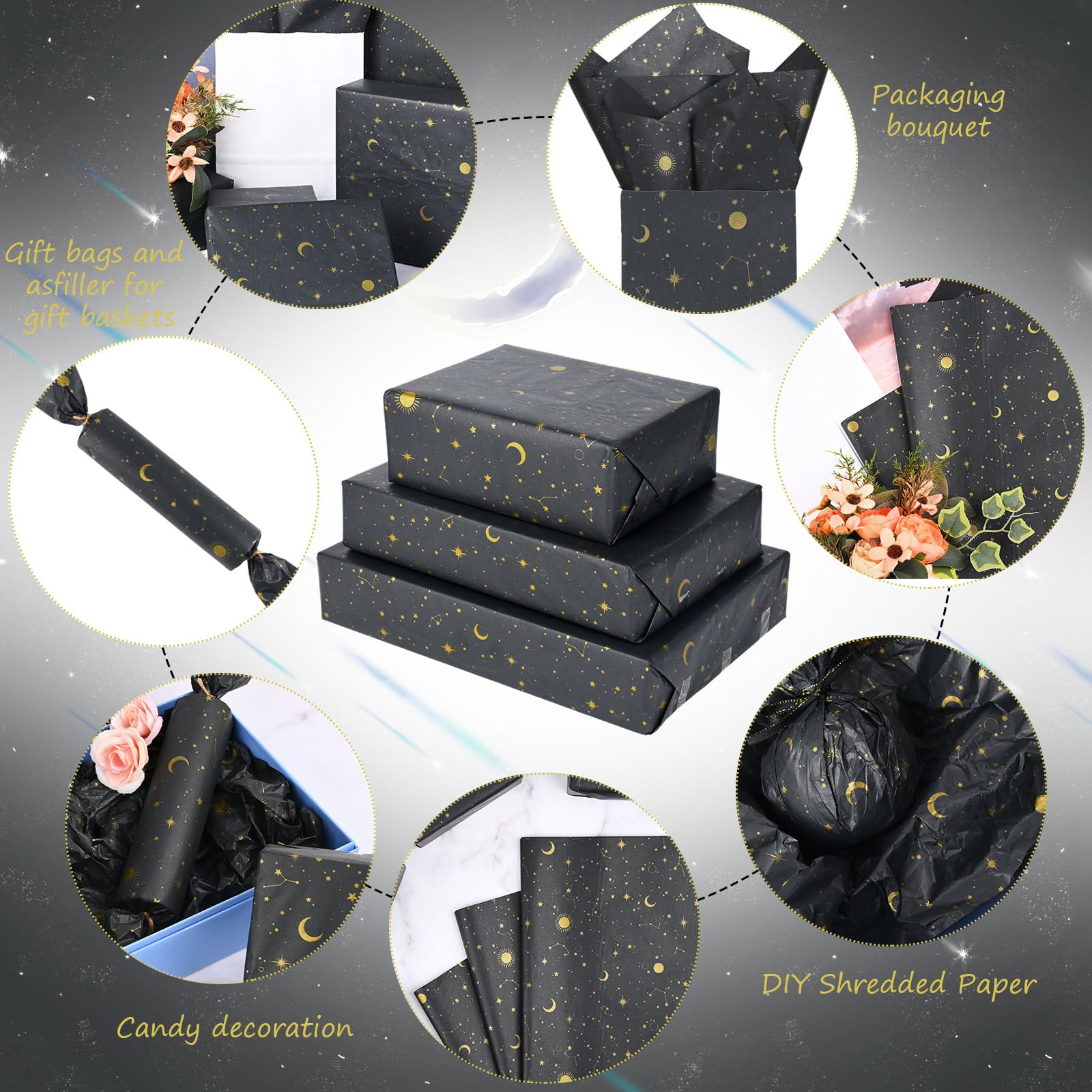 100 Sheets 20 * 14 Inches Galaxy Tissue Paper for Gift Wrapping, Black Gold Moon Star Printed Tissue Paper for Gift Bags for Birthday Christmas Baby Shower DIY Craft