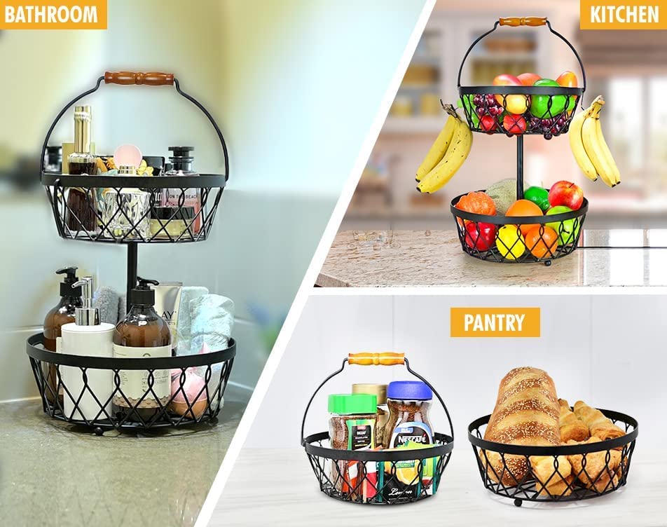 2 Tier Fruit basket for kitchen countertop with 4 banana hangers, Detachable, Large Capacity & Thick Wire construction, Fruit and vegetable bowl, fruit and vegetable storage, snacks, bread and more.