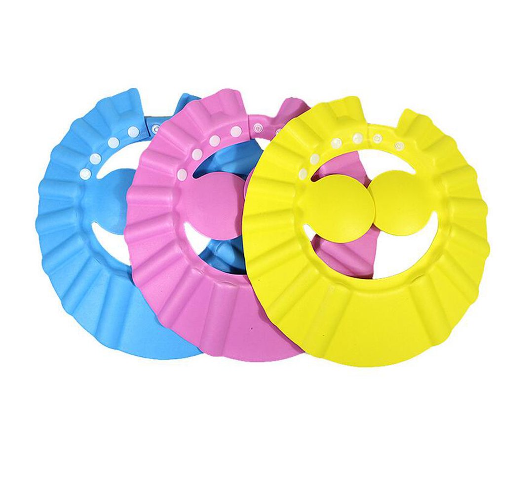 3PCS Soft Adjustable Bath Accessories Shampoo Shower Cap Hat with Earmuff Cover Hair Washing Shield Hat Hair Cutting Protector for Baby Kids Toddler Children(Color Random)