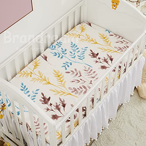 Brandream Farmhouse Crib Bedding Set Neutral Leaves Watercolor Botanical Floral Nursery Bedding Chic Baby Blanket 3 Piece with Pom-pom Bed Skirt, White Yellow Green
