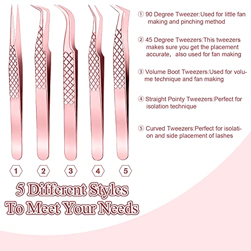 5 Pieces Eyelash Extension Tweezers Set Straight and Curved Tip False Lash Tweezers Eyelash Volume Tweezers Stainless Steel Precision Tweezers for Eyelash Extension (Rose Gold)