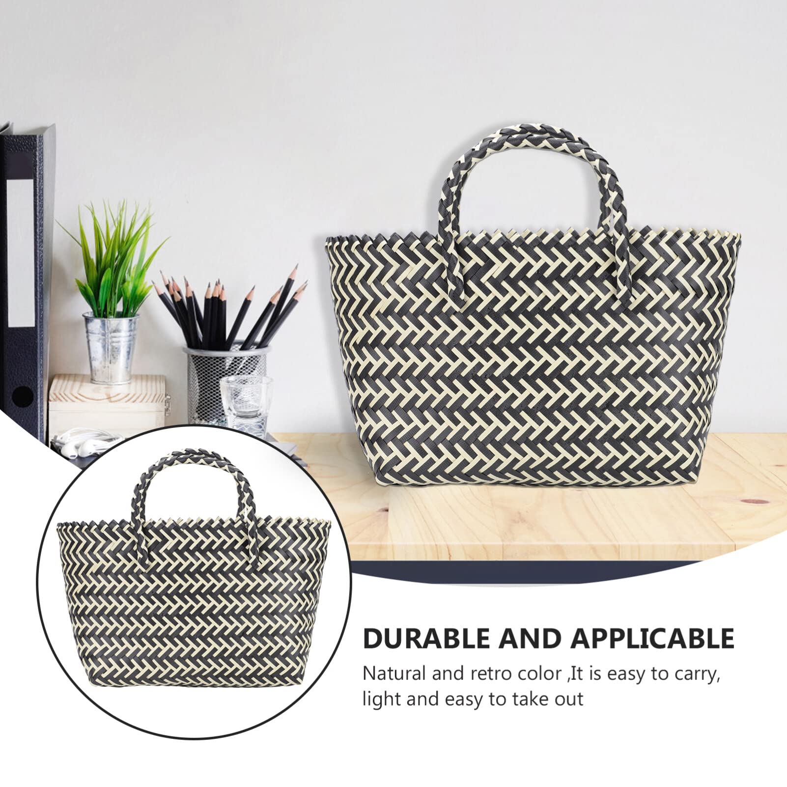 Cabilock Handmade Moroccan Market Basket Large Capacity French Wicker Basket Straw Beach Bag Vegetables Shopping Basket with Handle for Women Shopping Laundry Black