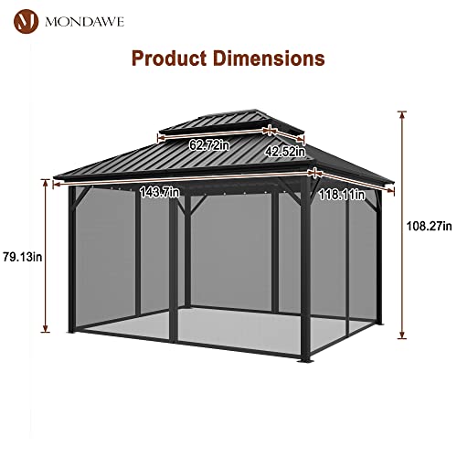 12' X 10' Aluminum Hardtop Gazebo with Nettings and Gutter Heavy Duty Outdoor Patio Double Roof Gazebo Pavilion Galvanized Steel Permanent Gazebo Canopy Grill Shelter for Backyard, Deck