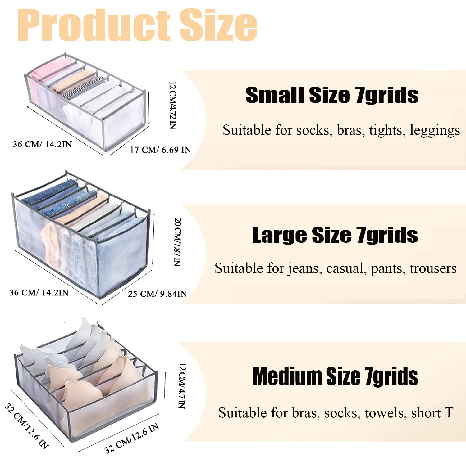 3PCS Washable Wardrobe Clothes Organizer,7 Grids Foldable Visible Closet Organizer Clothes Drawer Mesh Separation Box for T-shirt,Legging,Skirts,Jeans,Kid Clothes