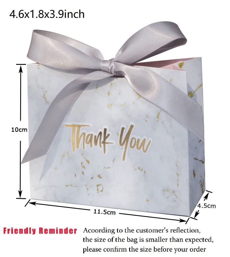 CheeseandU 24Pack Small Thank You Gift Bag Boxes Marble Pattern with Bowknot Decor Thank You Paper Bag for Wedding Baby Shower Thanksgiving Xmas Party Favor Candy Boxes, 4.5" Grey