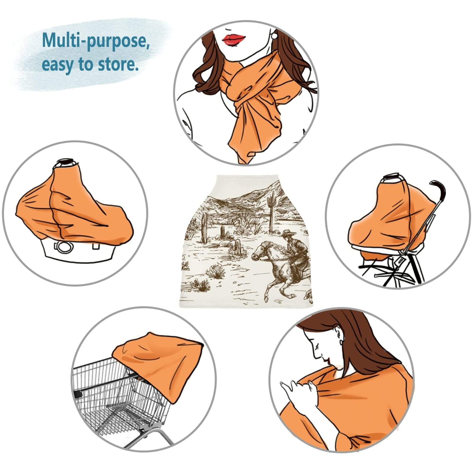 xigua Soft Baby Car Seat Covers Canopy for Infants Strollers Canopies for Newborns Babies Nursing Apron Cover for Breastfeeding, Western Desert Cowboy