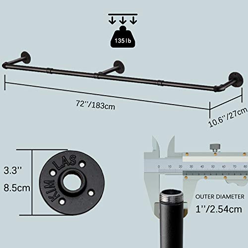 Crehomfy Industrial Pipe Clothes Rack with 3 Hooks, 72β'L Wall Mounted Garment Rack, Heavy Duty Iron Garment Bar, Clothes Hanging Rod Bar for Laundry Room, Max Load 135Lb Black (3 Base)