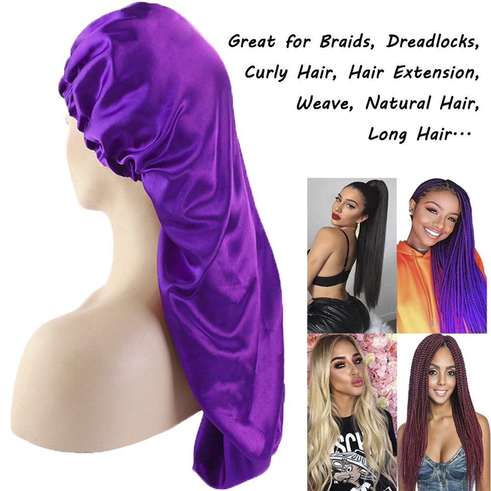 4 Pcs Bonnet for Braids, Dreadlock Cap Extra Long Soft Elastic Band Silky Satin Bonnet for Curly Hair Sleeping