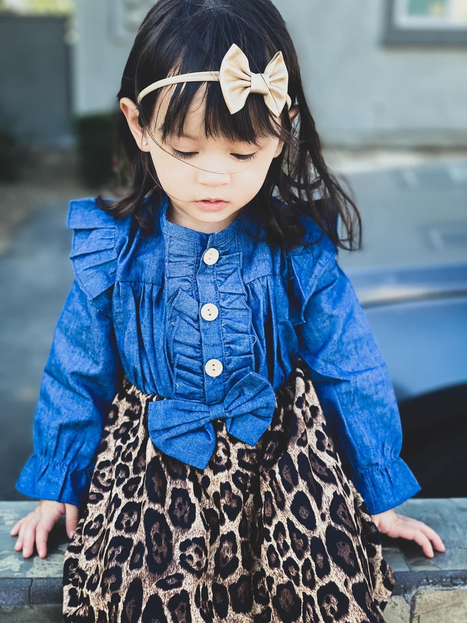 Toddler Baby Girl Long Sleeve Fall Dress Infant Denim Leopard Ruffle Dresses Cheetah Outfit, Blue, 2-3T