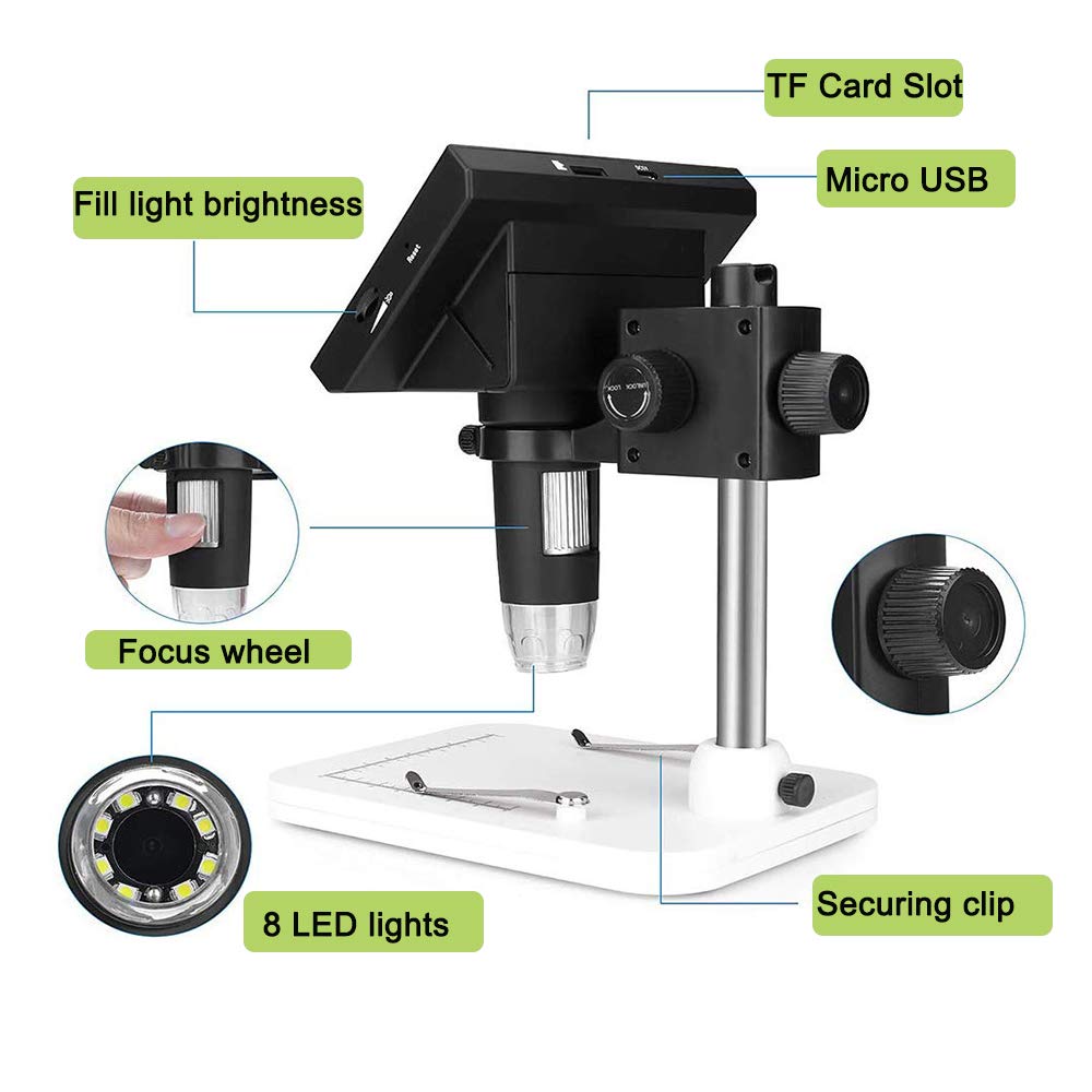 4.3 inch LCD Digital Microscope USB Microscope with 1000X Magnification, Adjustable LED Lights, Camera Video Recorder for Circuit Boards, Study, Jewelry Identification, Insect and Plant Observation